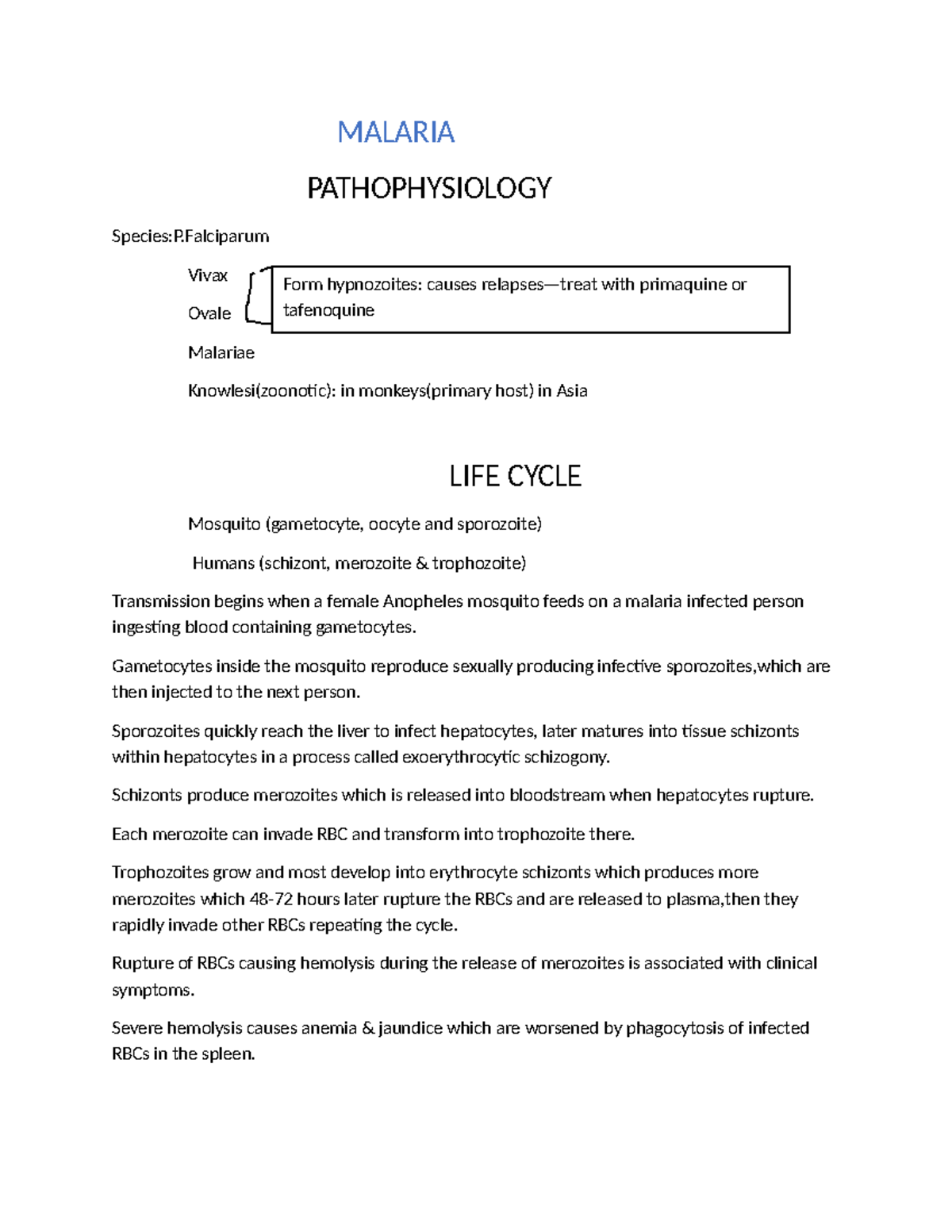 Tropical Medicine - Notes on Malaria Pathophysiology and Treatment ...