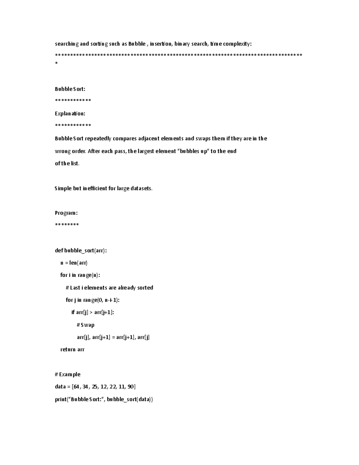 Sorting Algorithms: Bubble Sort, Insertion Sort, and Binary Search (Doc ...
