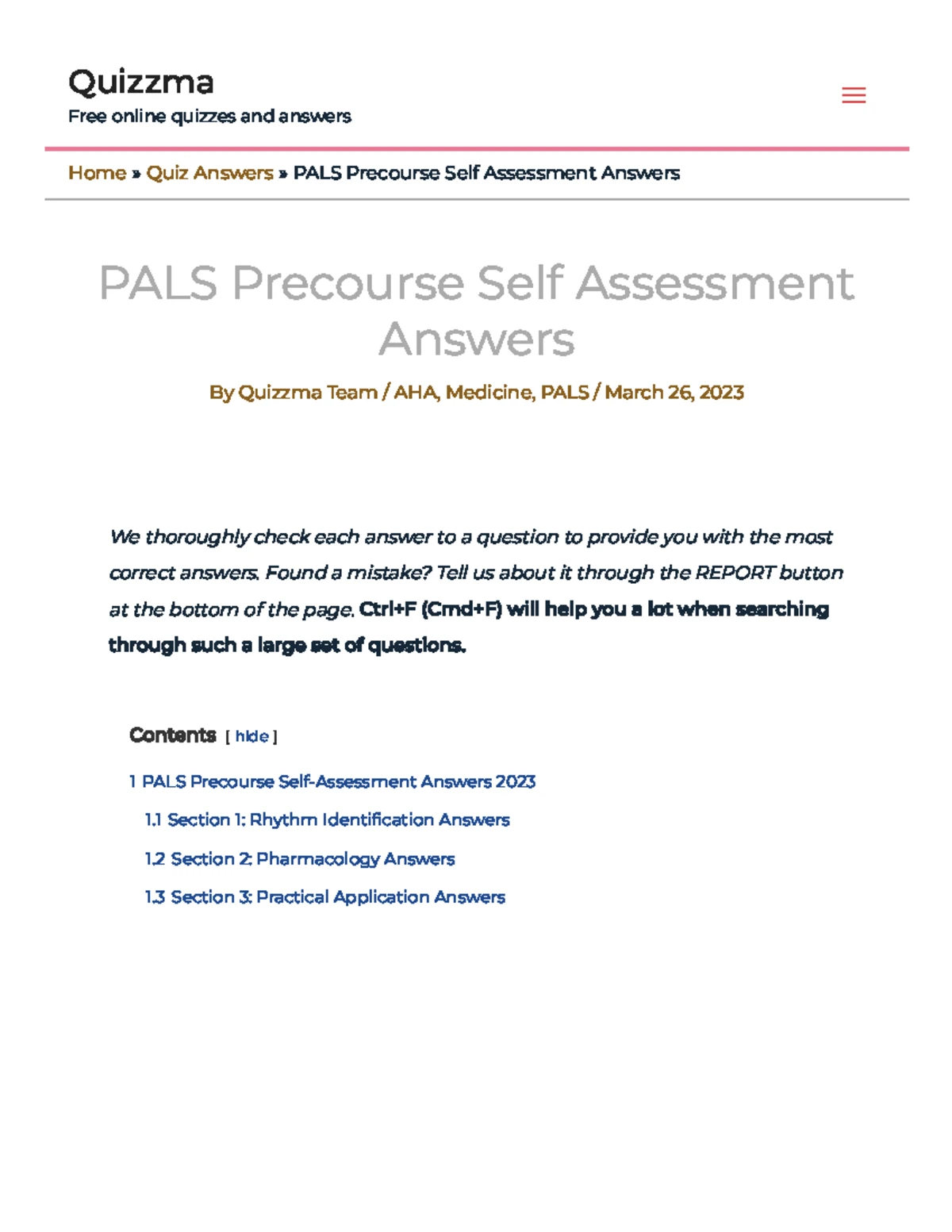 PALS Precourse Self Assessment Answers » Quizzma - PALS Precourse Self ...
