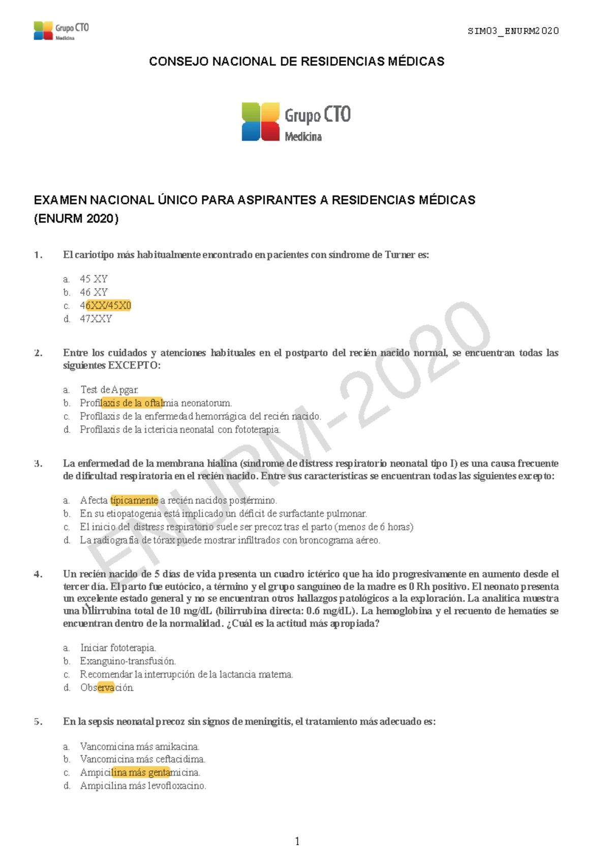 Simulacro 2 - ENURM 2020: Examen Nacional Único de Medicina - Studocu