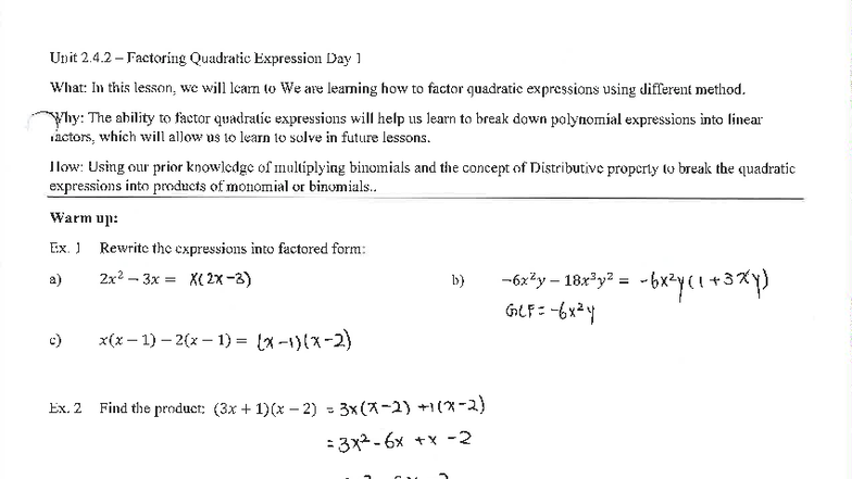Unit 2.4.2 Factoring Quadratic Expressions: Completed Notes - Studocu