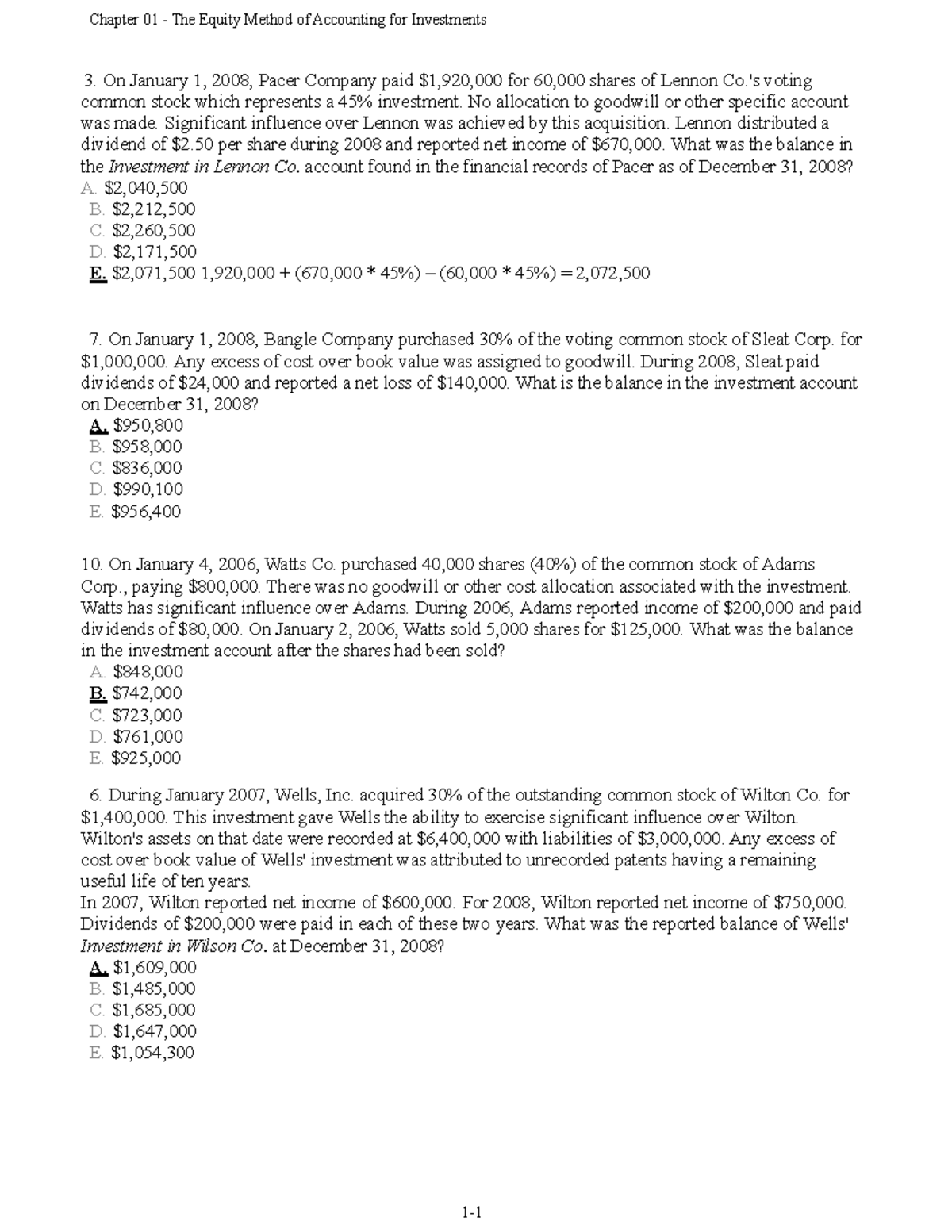 Test Bank: Equity Method Accounting for Investments (Chapter 1) - Studocu