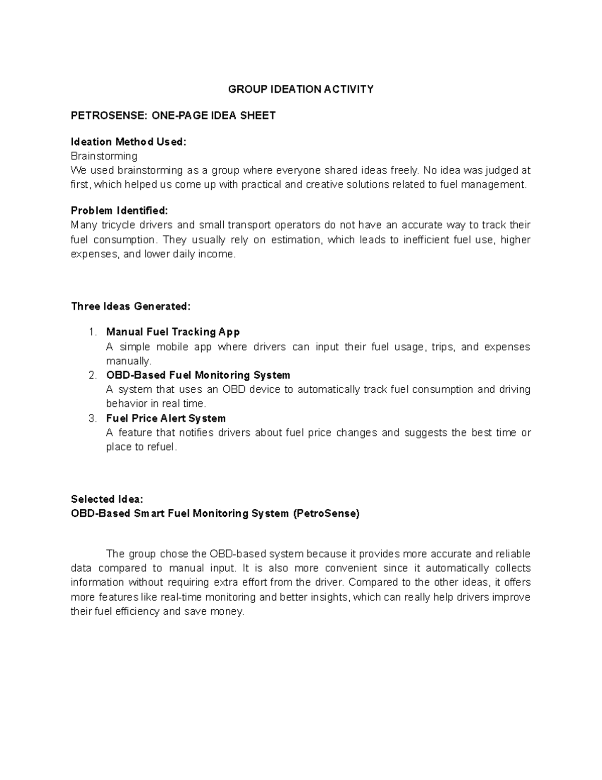 GROUP IDEATION ACTIVITY: PETROSENSE IDEA SHEET - Studocu