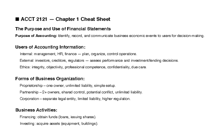 ACCT 2121 Comprehensive Cheat Sheet: Chapters 1, 2, 3, 5 Overview - Studocu