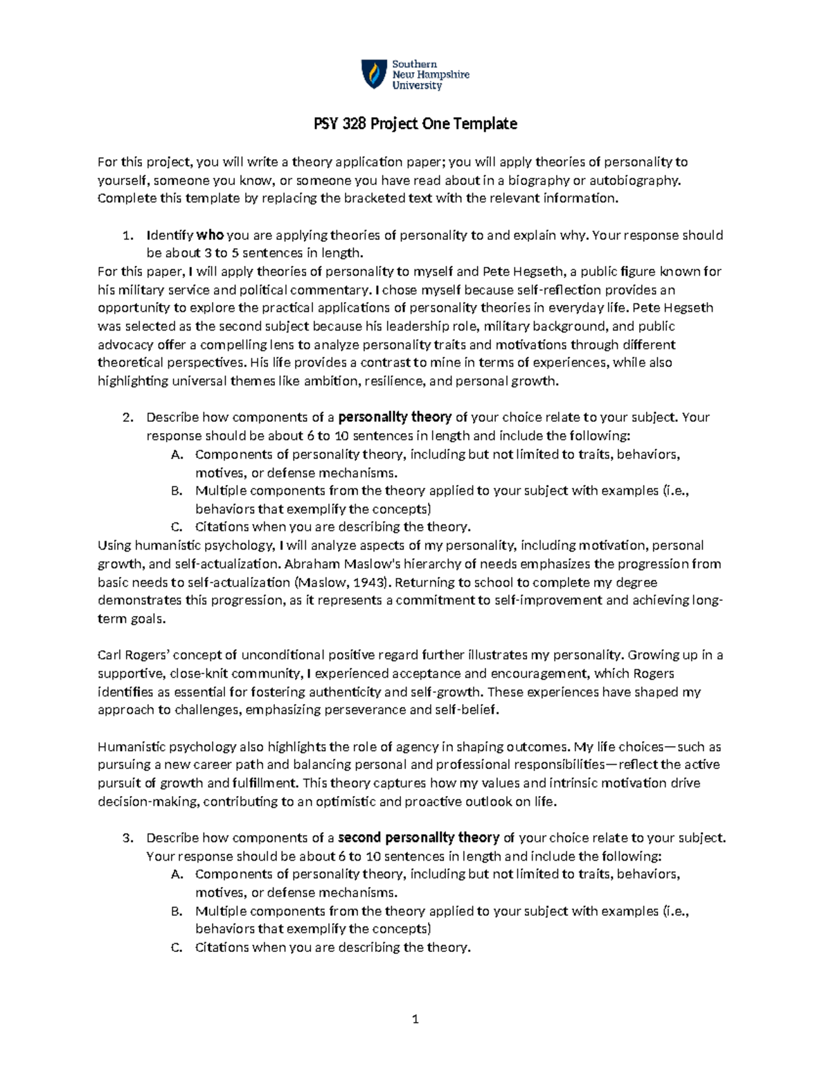 PSY 328 Project One: Theory Application Paper on Personality - Studocu