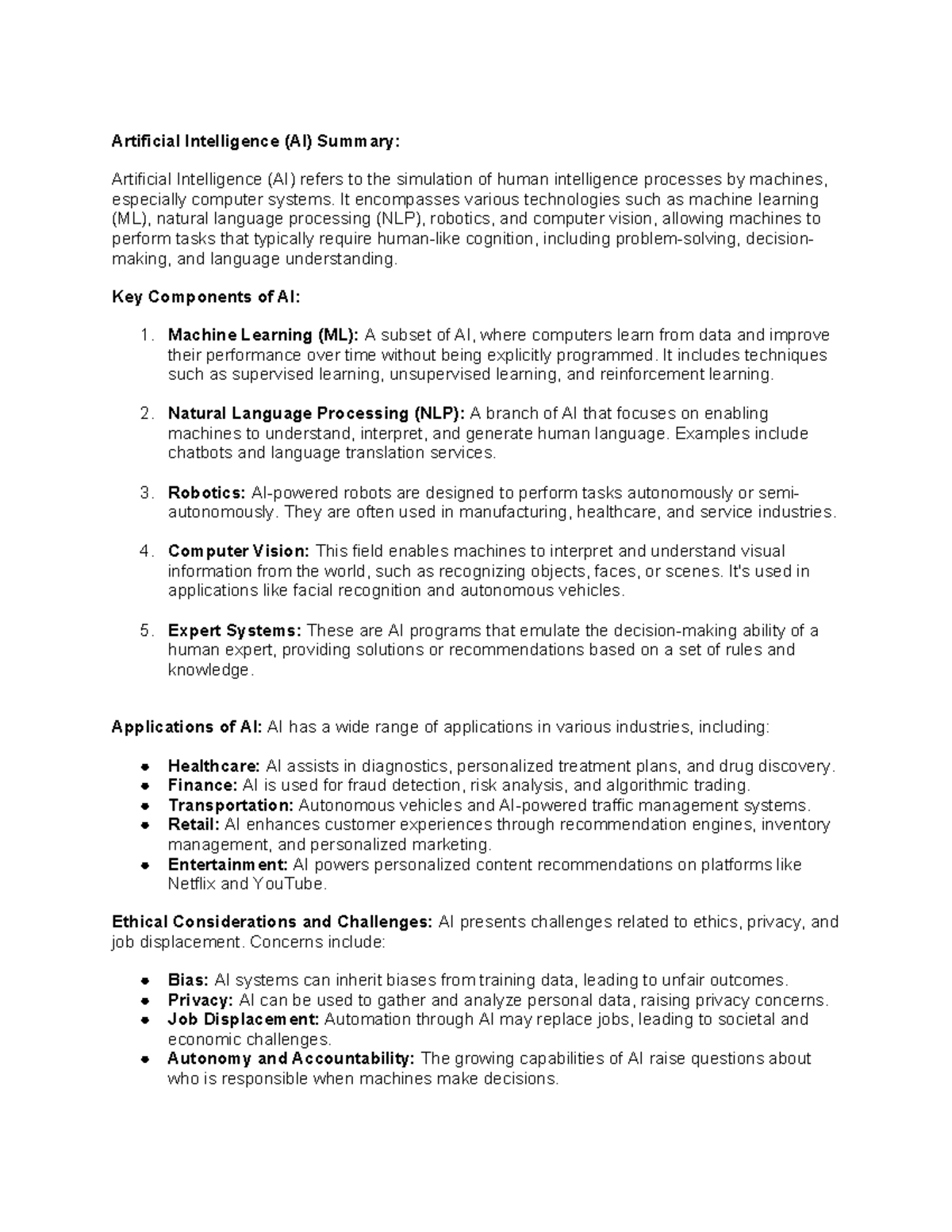 AI Summary: Key Concepts, Applications, and Ethical Challenges - Studocu