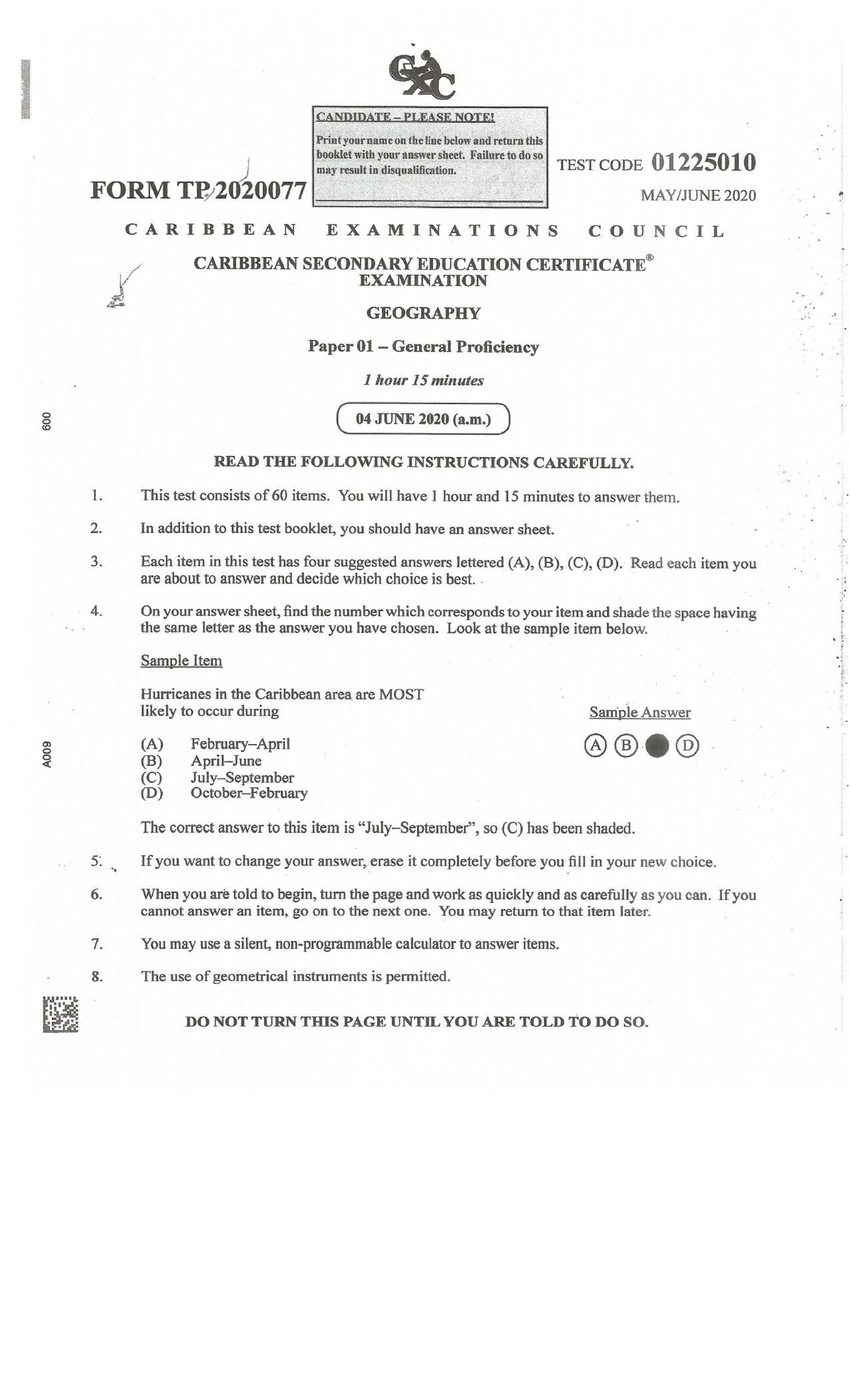 CSEC Geography Paper 01 General Proficiency Test Instructions 2020 ...
