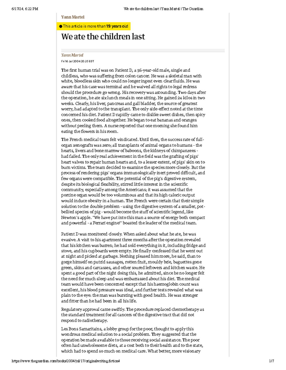 Yann Martel's "We Ate the Children Last": A Medical Fiction Analysis ...