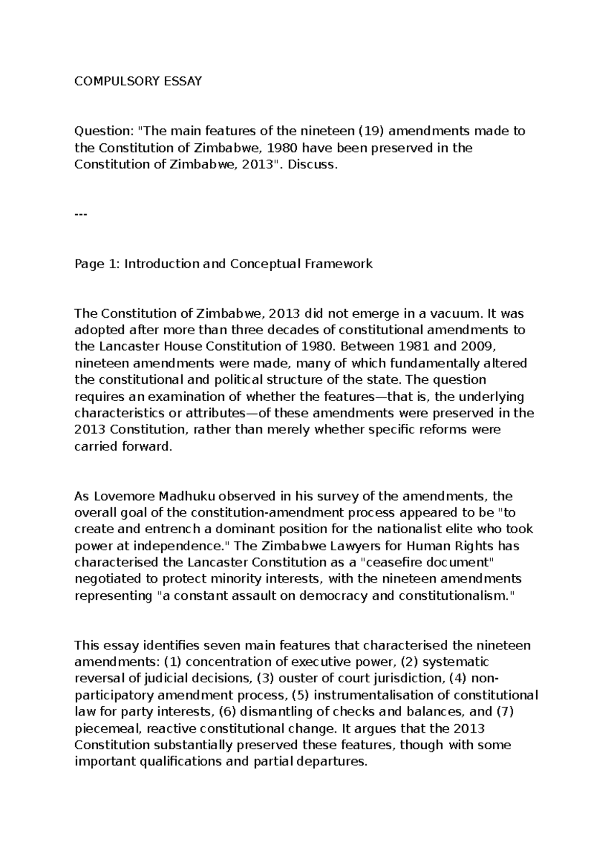 COMPULSORY ESSAY: Analysis of 19 Amendments in Zimbabwe's 2013 ...