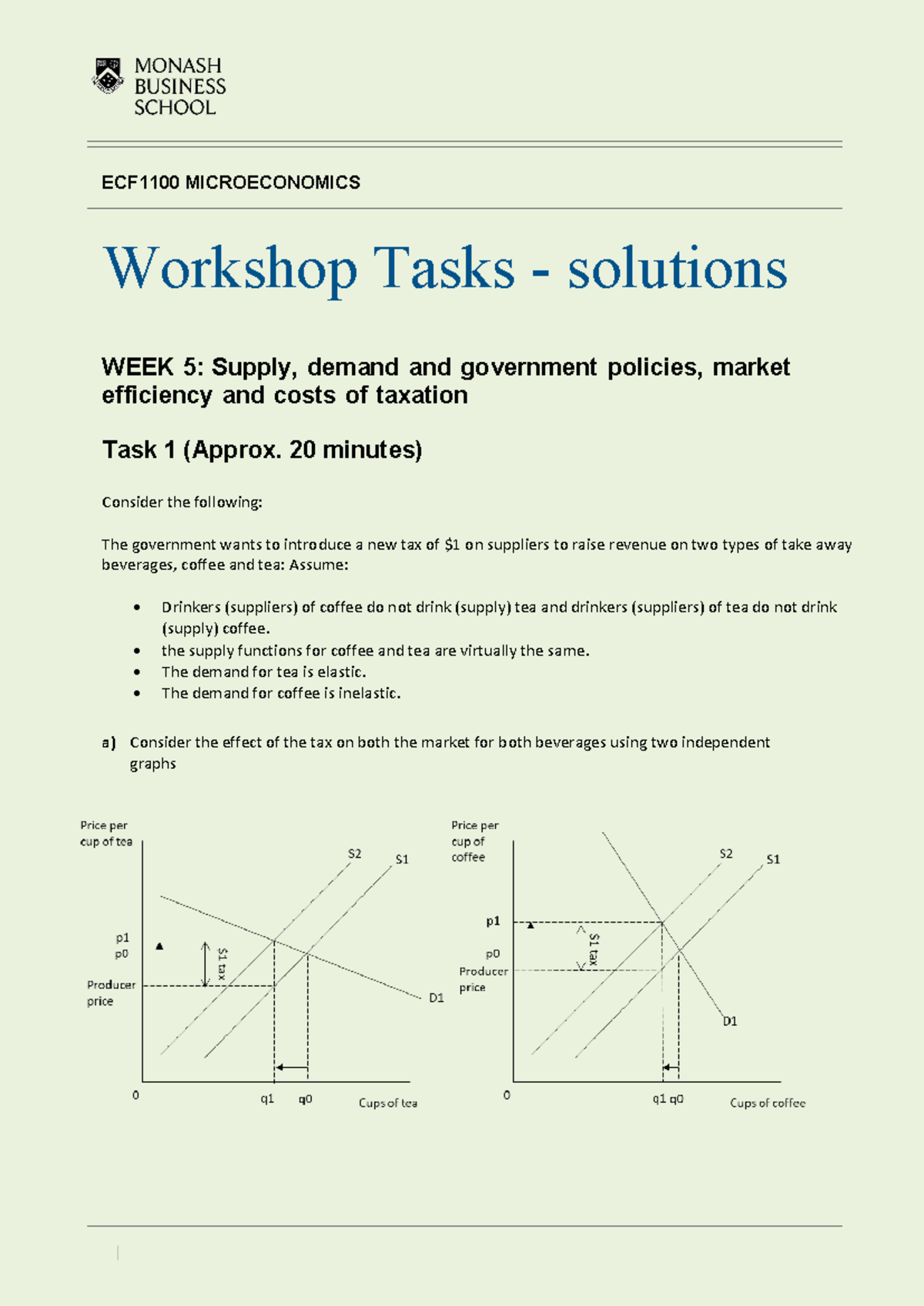 Workshop Tasks Week 5 Solutions - ECF1100 MICROECONOMICS Workshop Tasks ...