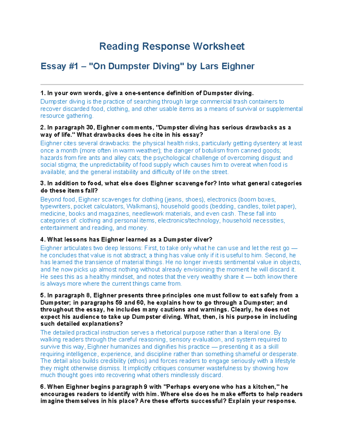 Reading Response Worksheet: Dumpster Diving Insights on Lars Eighner ...