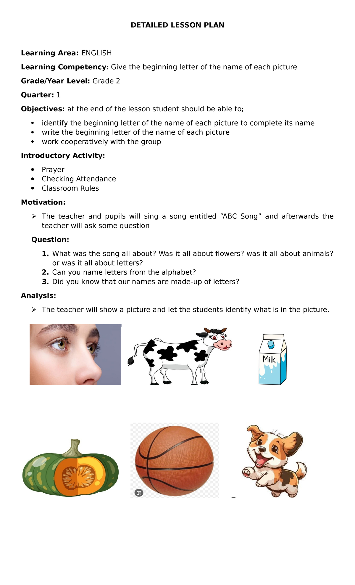 Grade 2 English Lesson Plan: Identifying Beginning Letters - Studocu