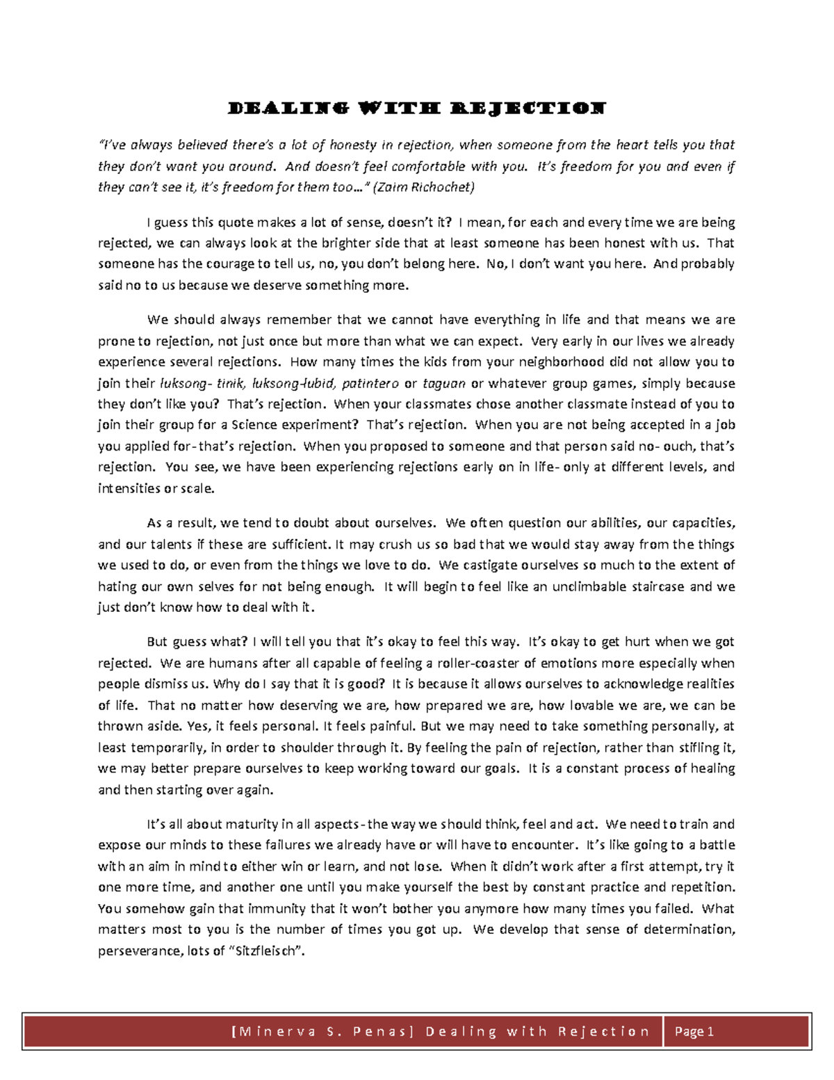 Dealing with Rejection: Embracing Honesty and Growth - Studocu