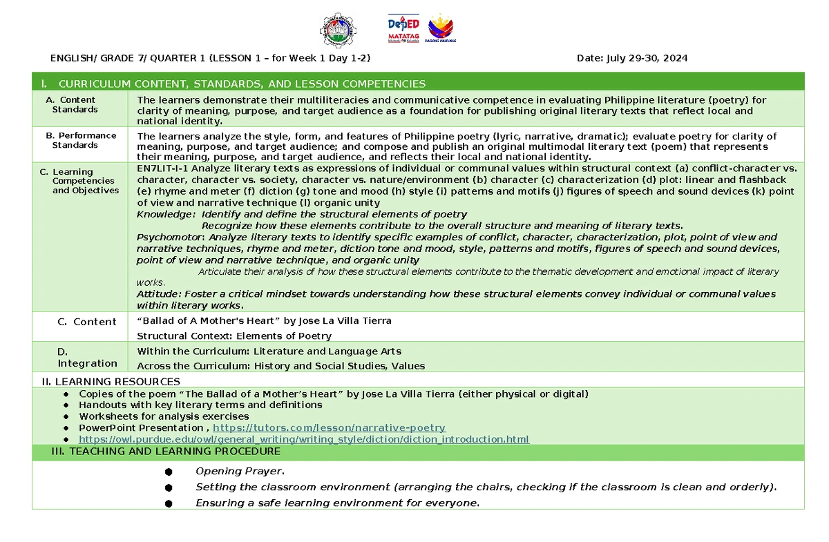 DLL english 7 CO1 - Semi-detailed lesson plan - Republic of the ...