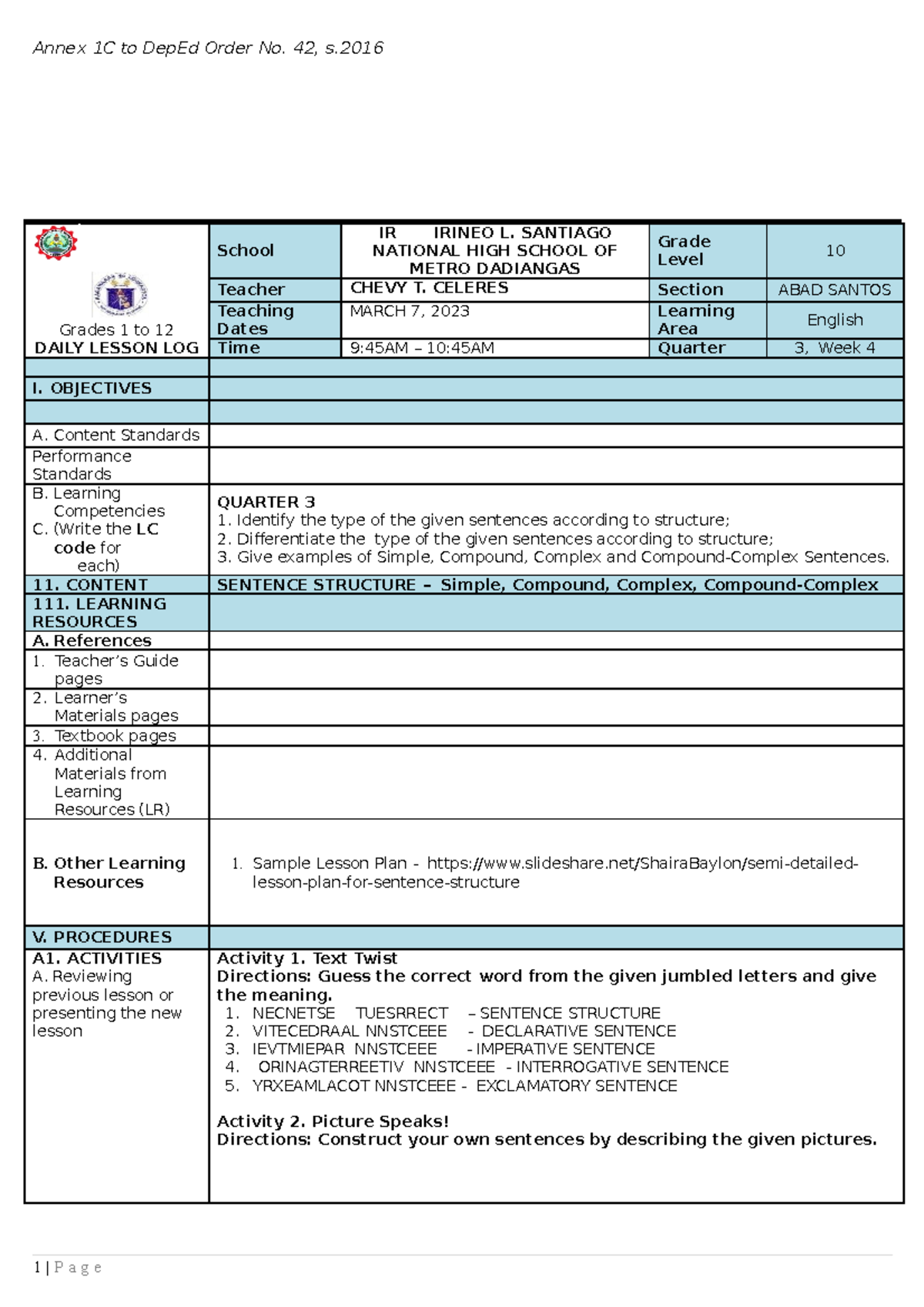 DLP Lesson Plan: Understanding Sentence Structure (Grades 10) - Studocu