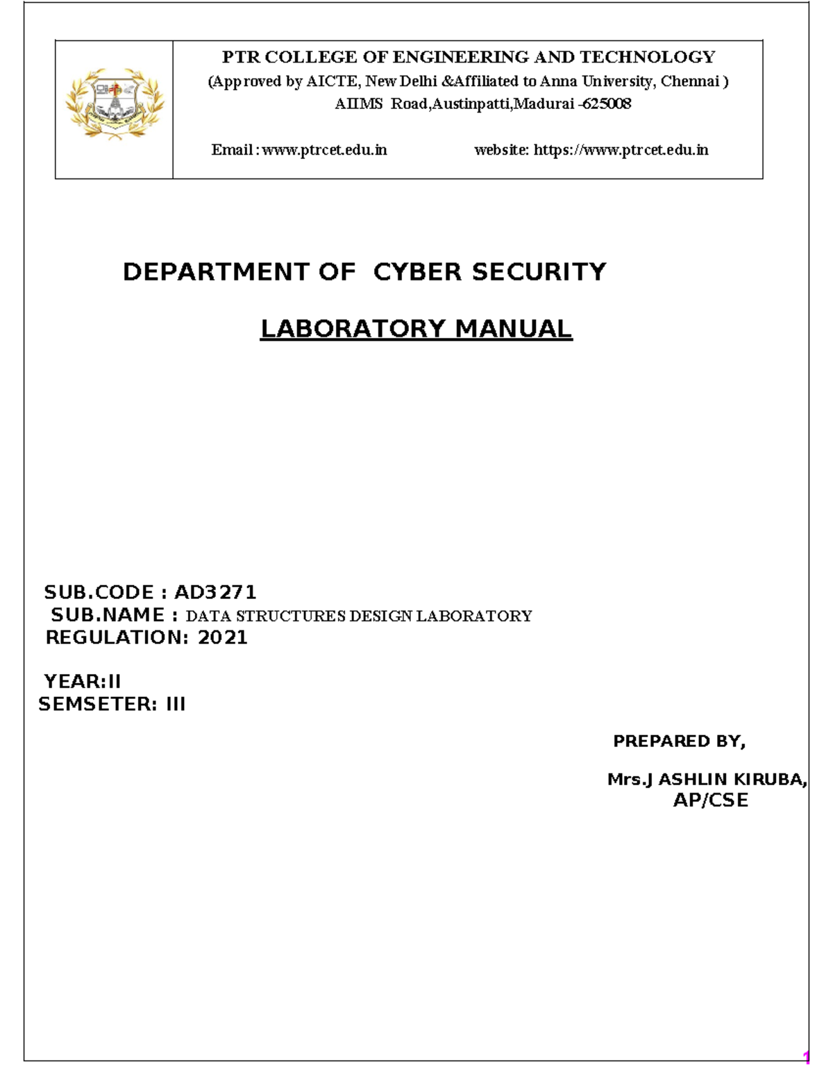 DS LAB - AD3271 Data Structures Design Laboratory Manual - Studocu