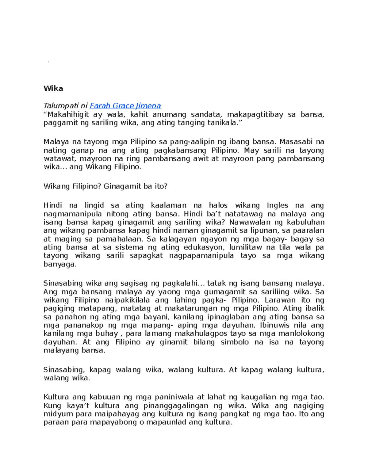 423064921 Talumpati Para Sa BNW - Wika Talumpati ni Farah Grace Jimena ...