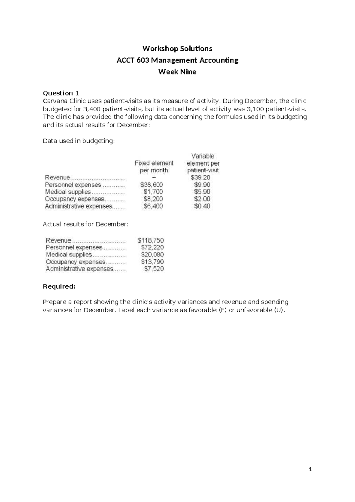 Week 9 Workshop Solutions ACCT 603 Management Accounting Variance ...