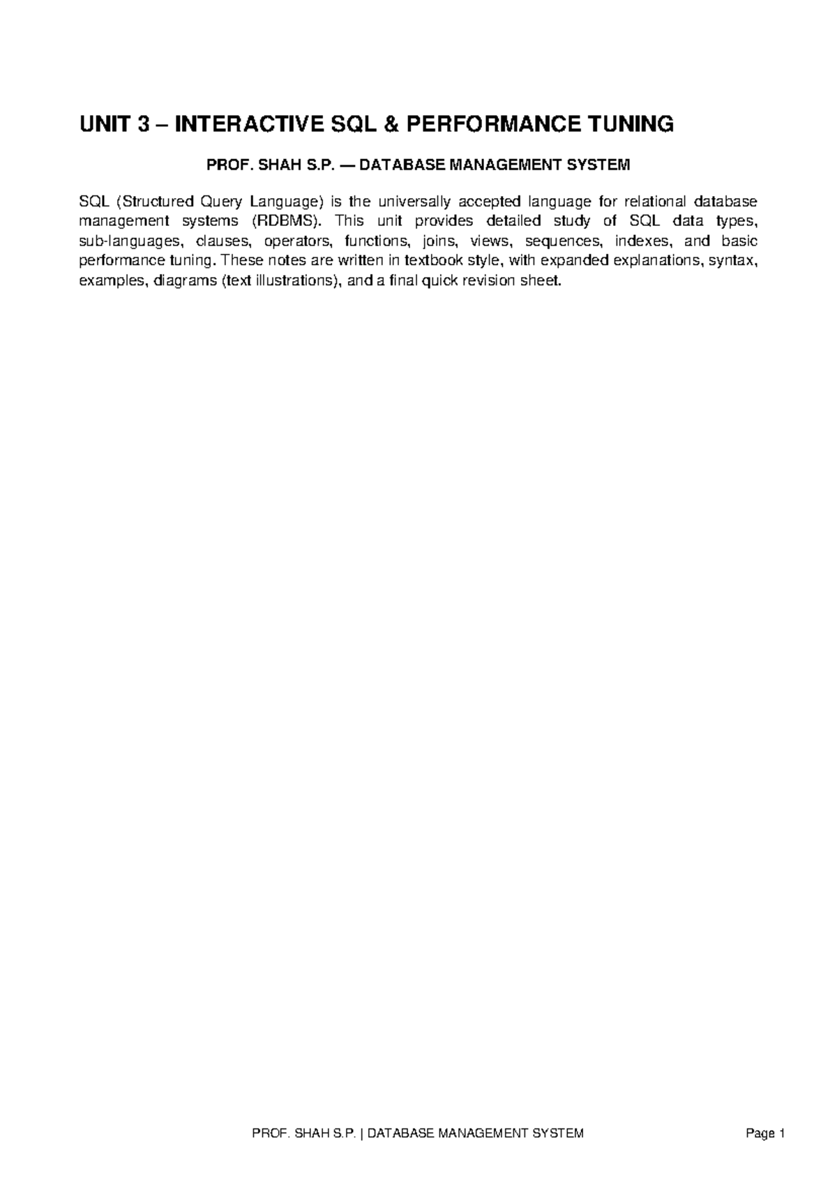 Unit III DBMS Final Exam Notes: SQL Performance Tuning - Studocu