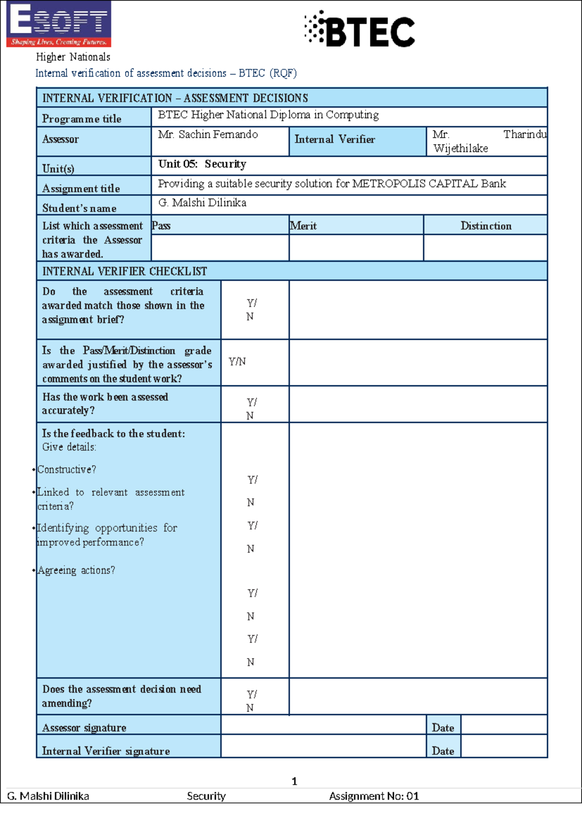 Security Assignment – Unit 05: Enhanced Solutions for METROPOLIS ...
