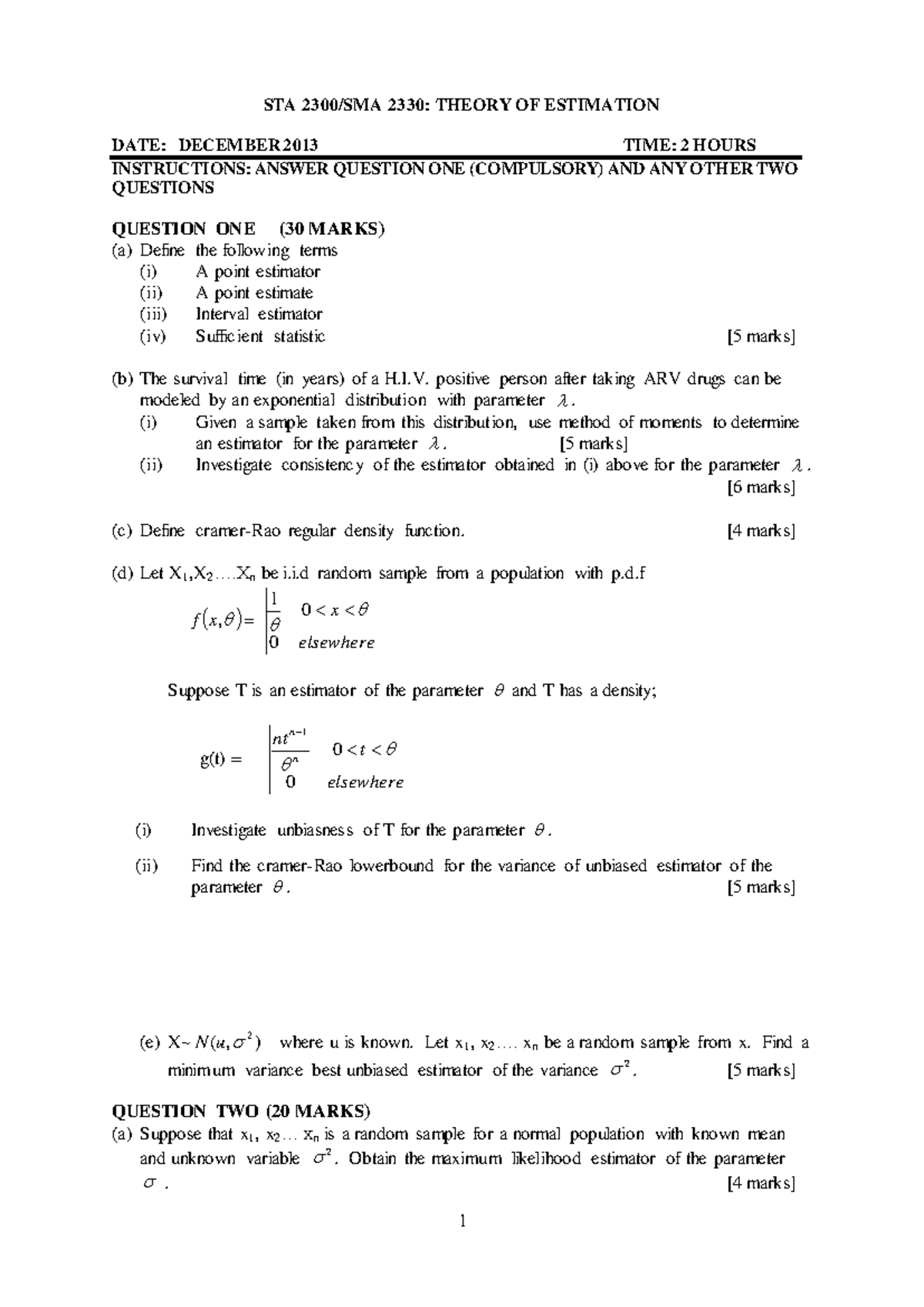 STA 2330: Theory of estimation final exam questions and guidelines - Studocu