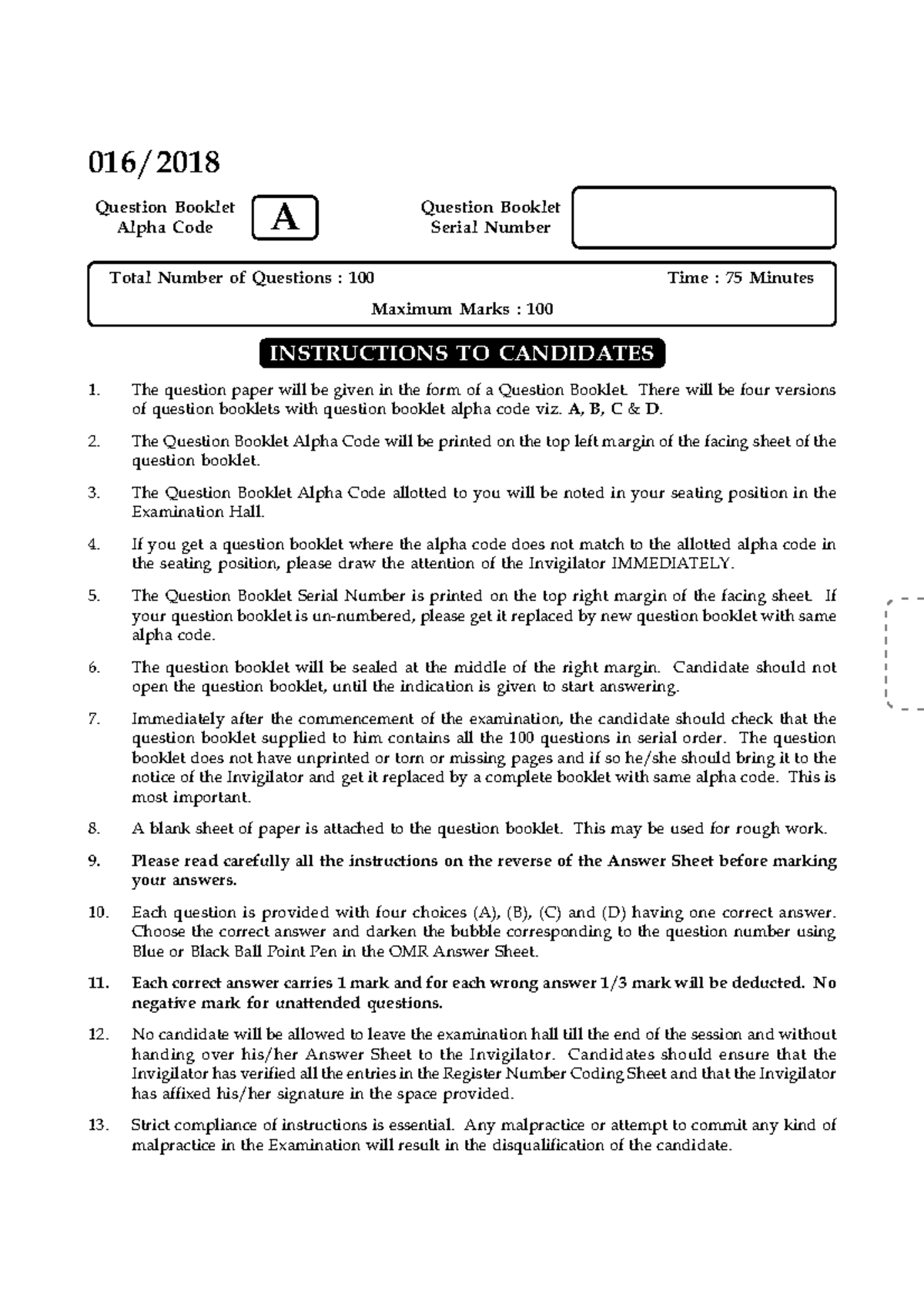 Question Paper 016 2018 English Set A: 100 Questions, 75 Minutes - Studocu