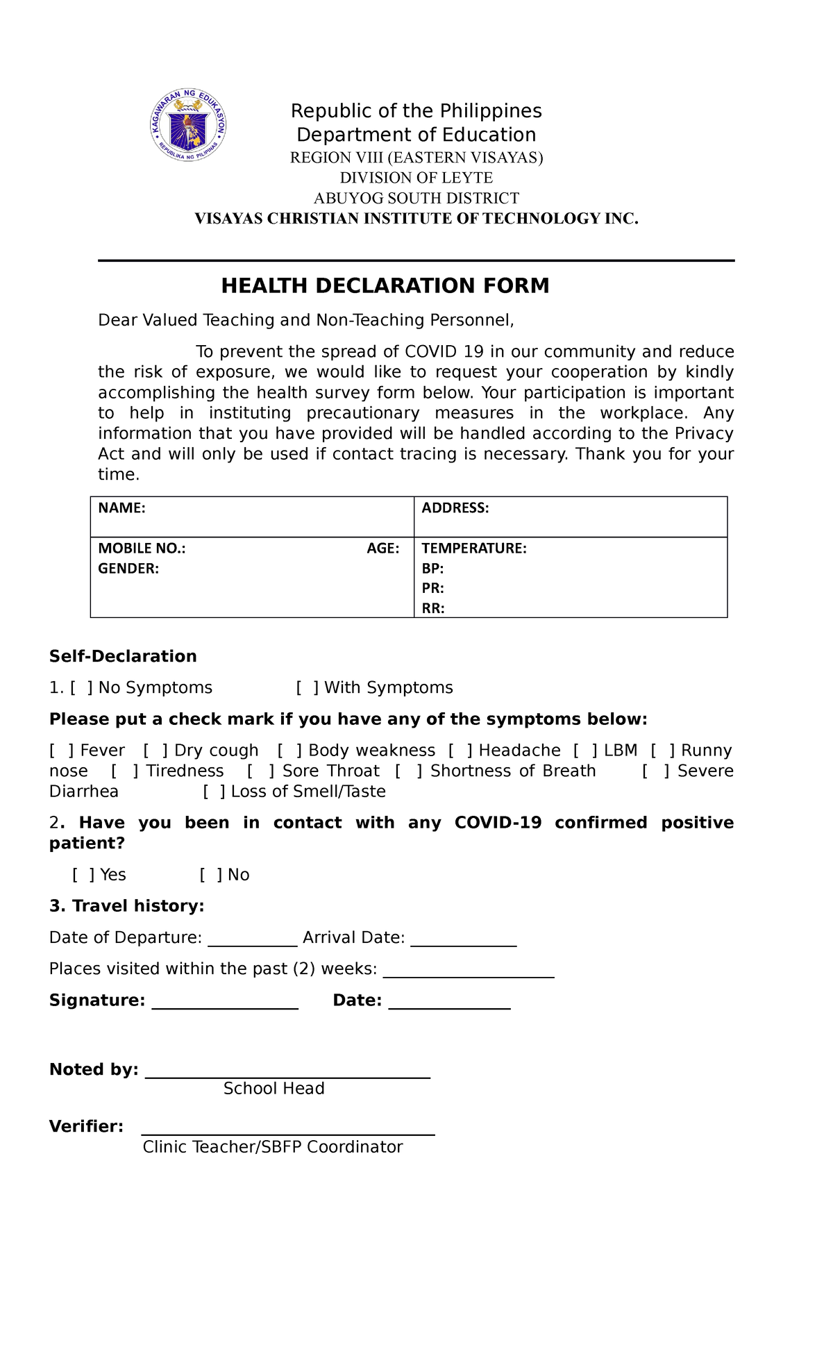 Health Declaration Form 2020 - Republic of the Philippines Department ...