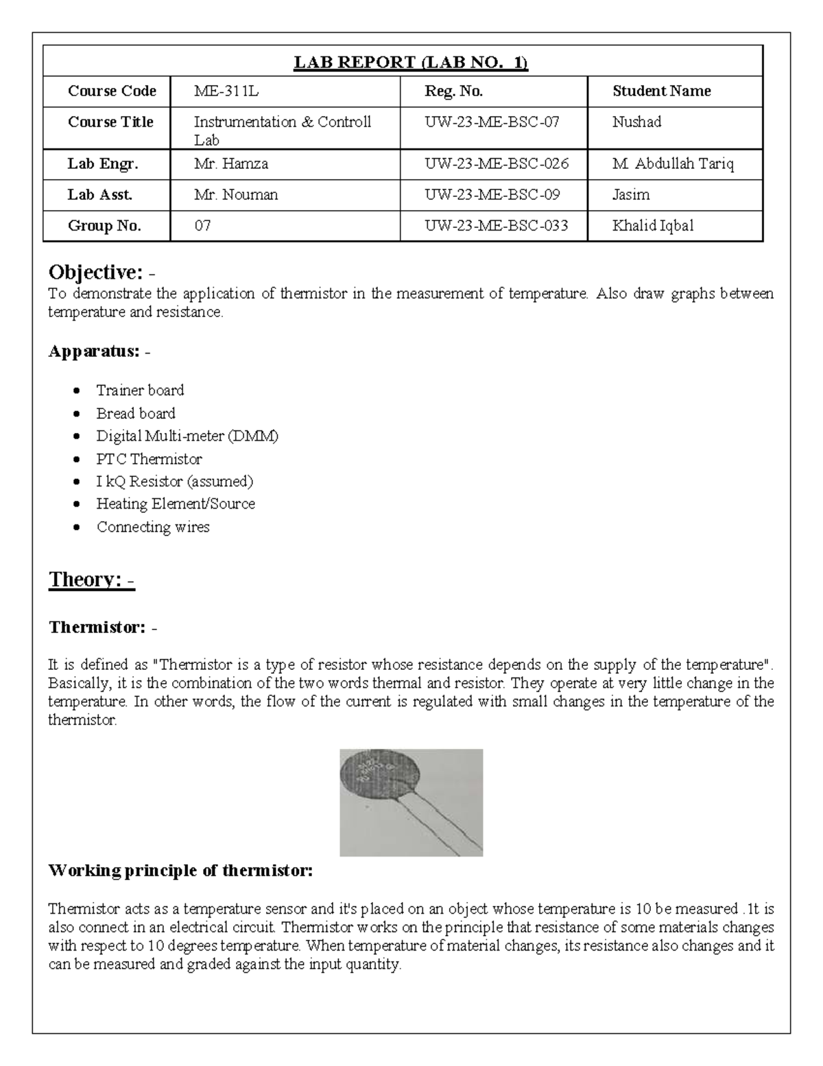 LAB REPORT (LAB NO. 1) - Thermistor Application in Temp Measurement ...