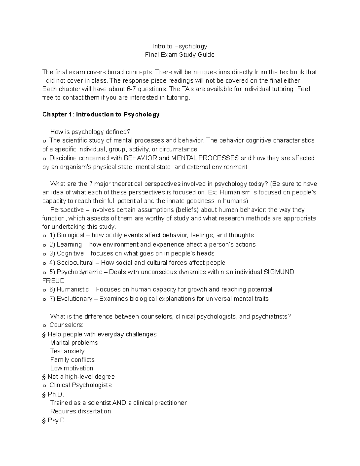 Psychology final review - Intro to Psychology Final Exam Study Guide ...