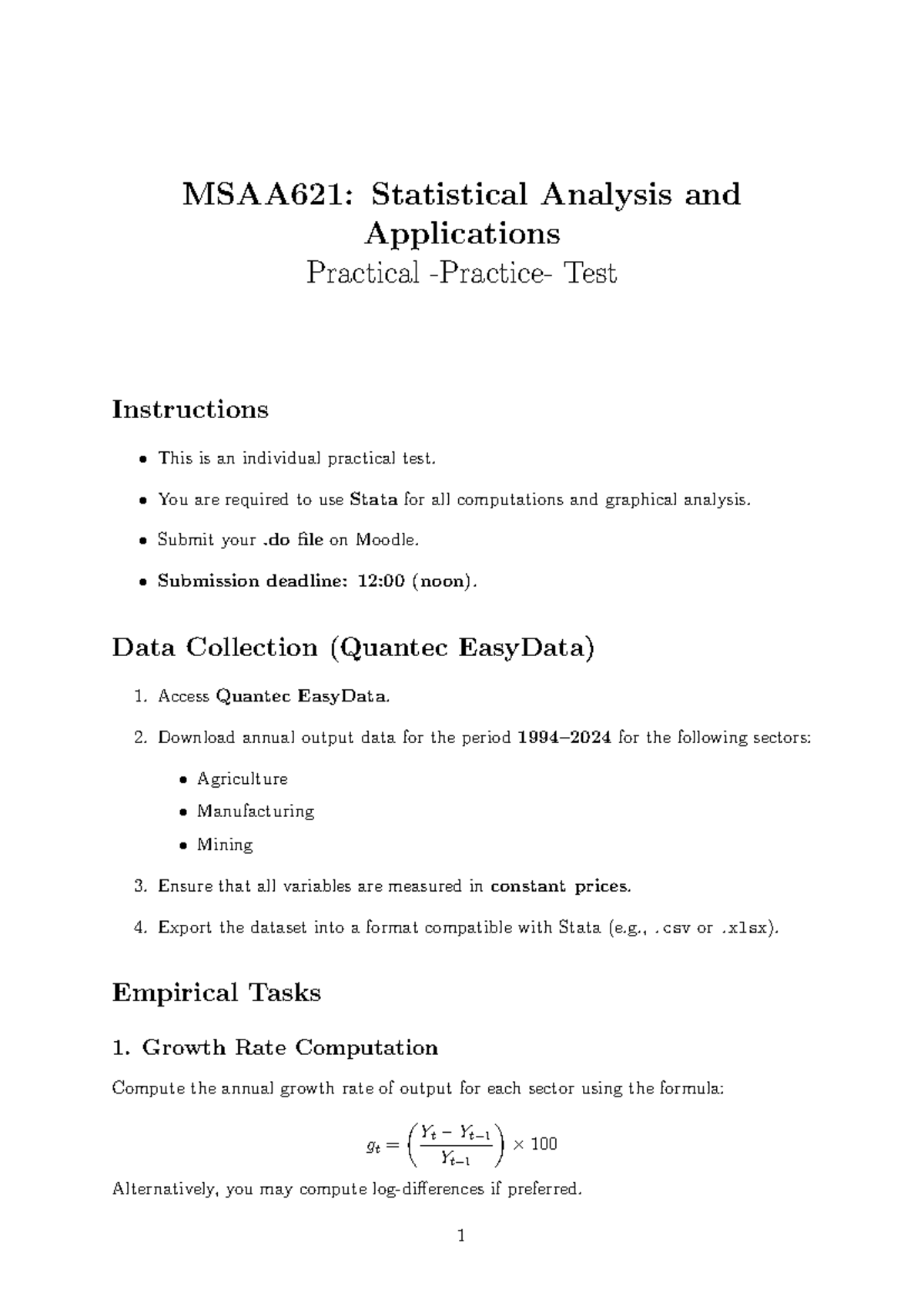 MSAA621: Practical Test Instructions for Statistical Analysis - Studocu