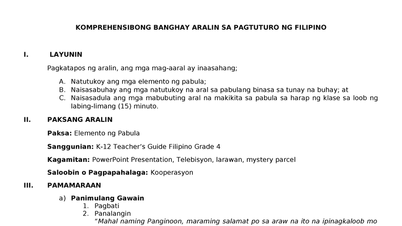 KOMPREHENSIBONG BANGHAY ARALIN SA FILIPINO I: ELEMENTO NG PABULA - Studocu