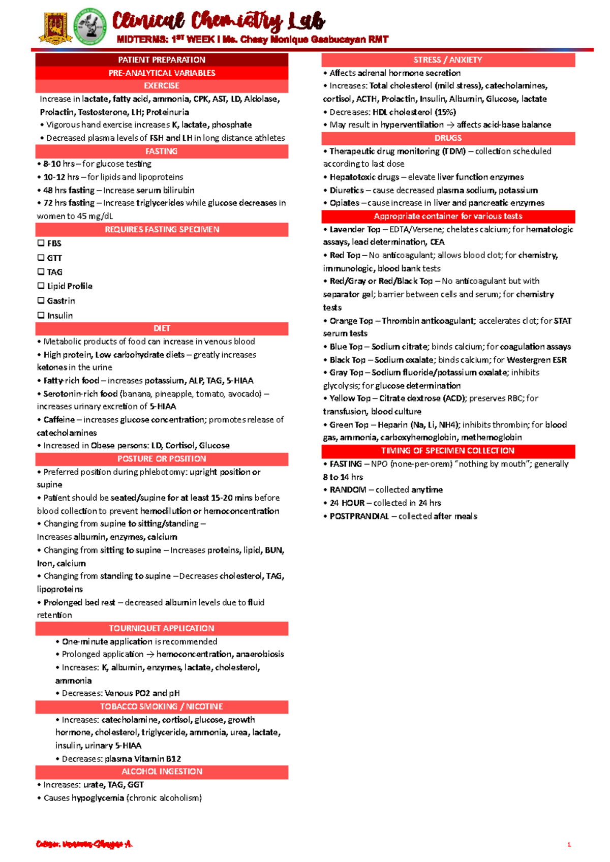 Clinical Chemistry Lab MIDTERMS: Patient Preparation & Specimen ...