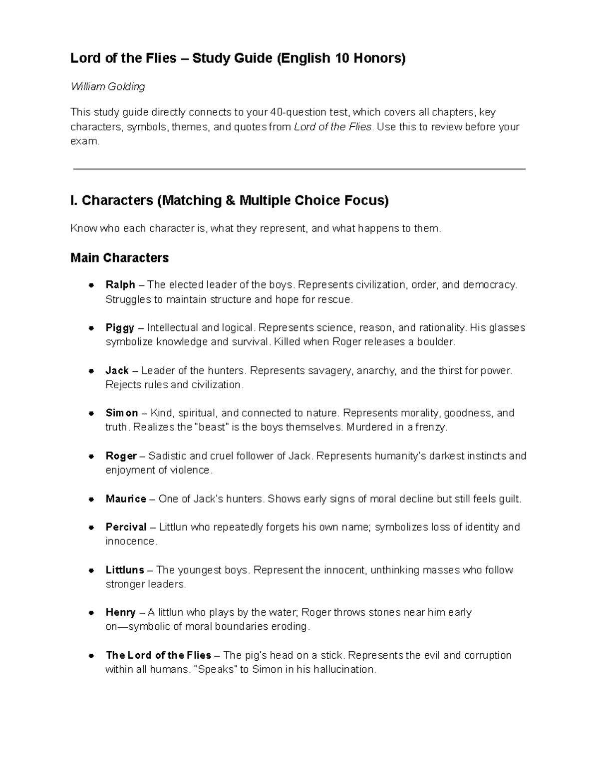 Lord of the Flies – English 10 Honors Exam Study Guide - Studocu