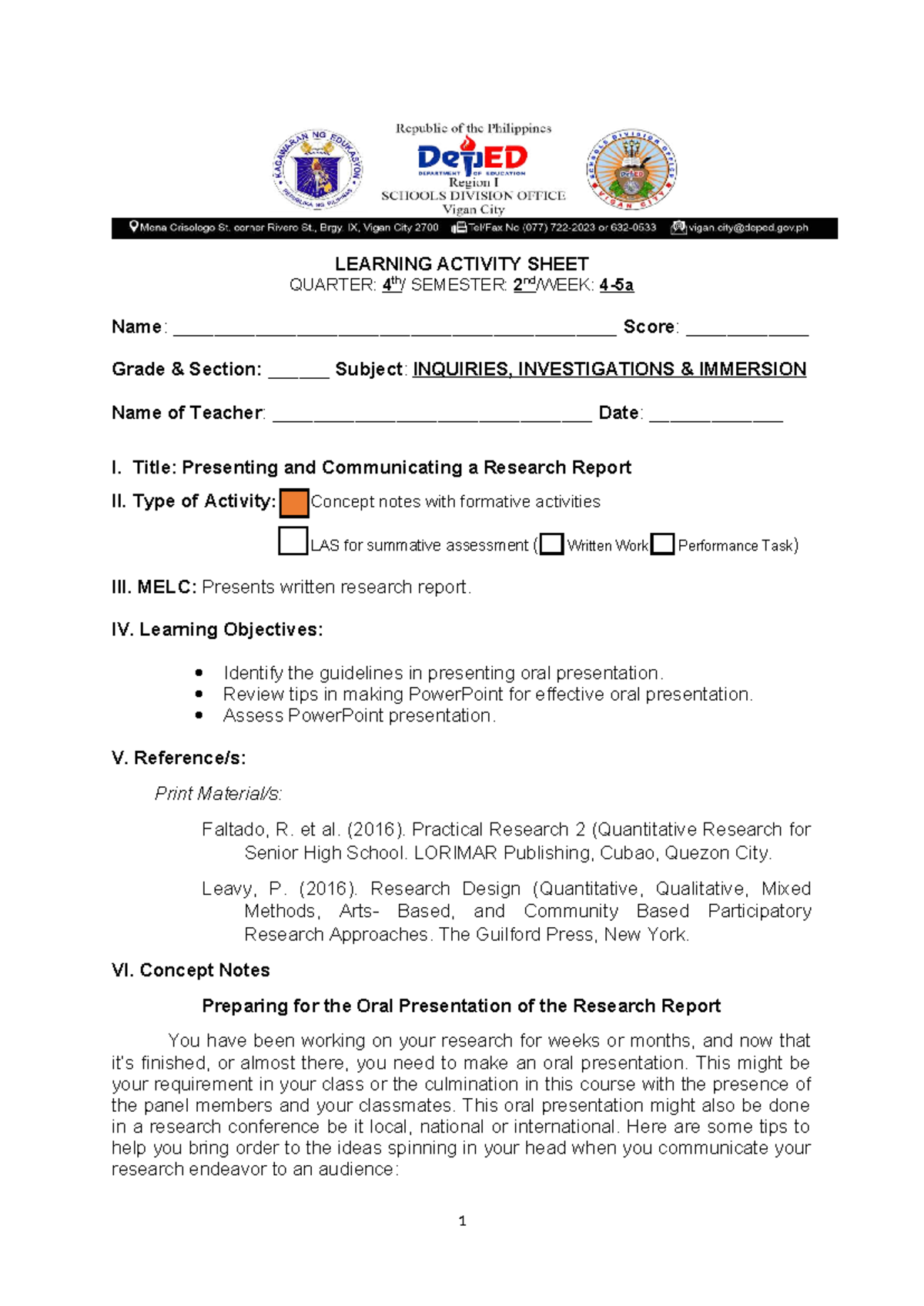 MELC 7: Concept Notes for Presenting Research Reports in PE - Studocu
