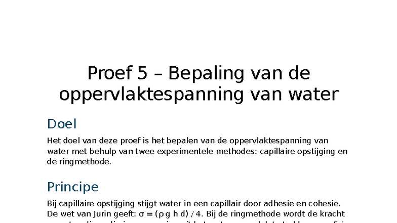 Proef 5: Oppervlaktespanning van Water - Experimentele Methoden - Studocu