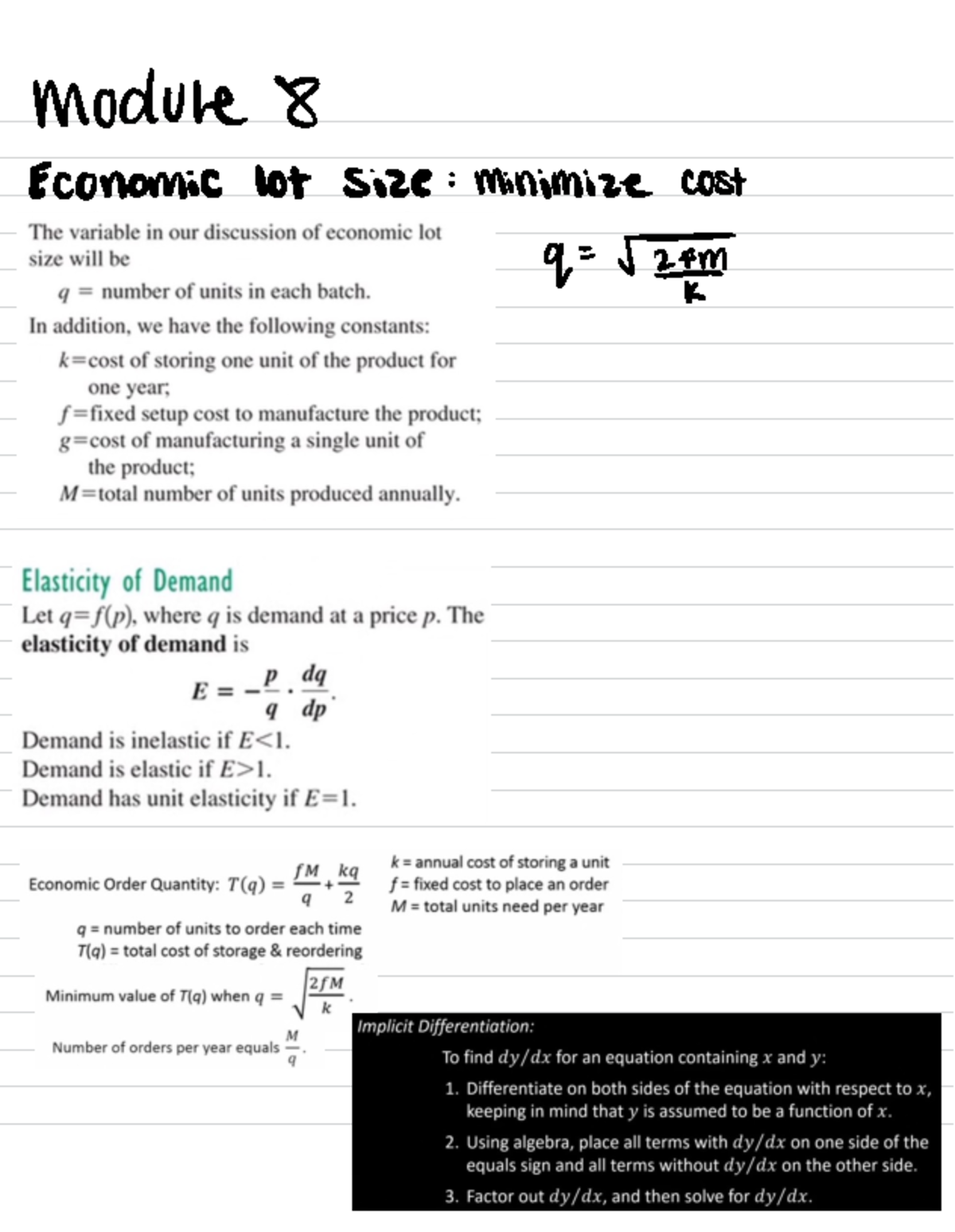 Math 2040 Test Three Notes - Module 8 Economic lot size : minimize cost ...