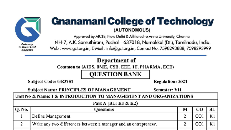 GE3751 - Principles of Management Comprehensive Question Bank - Studocu