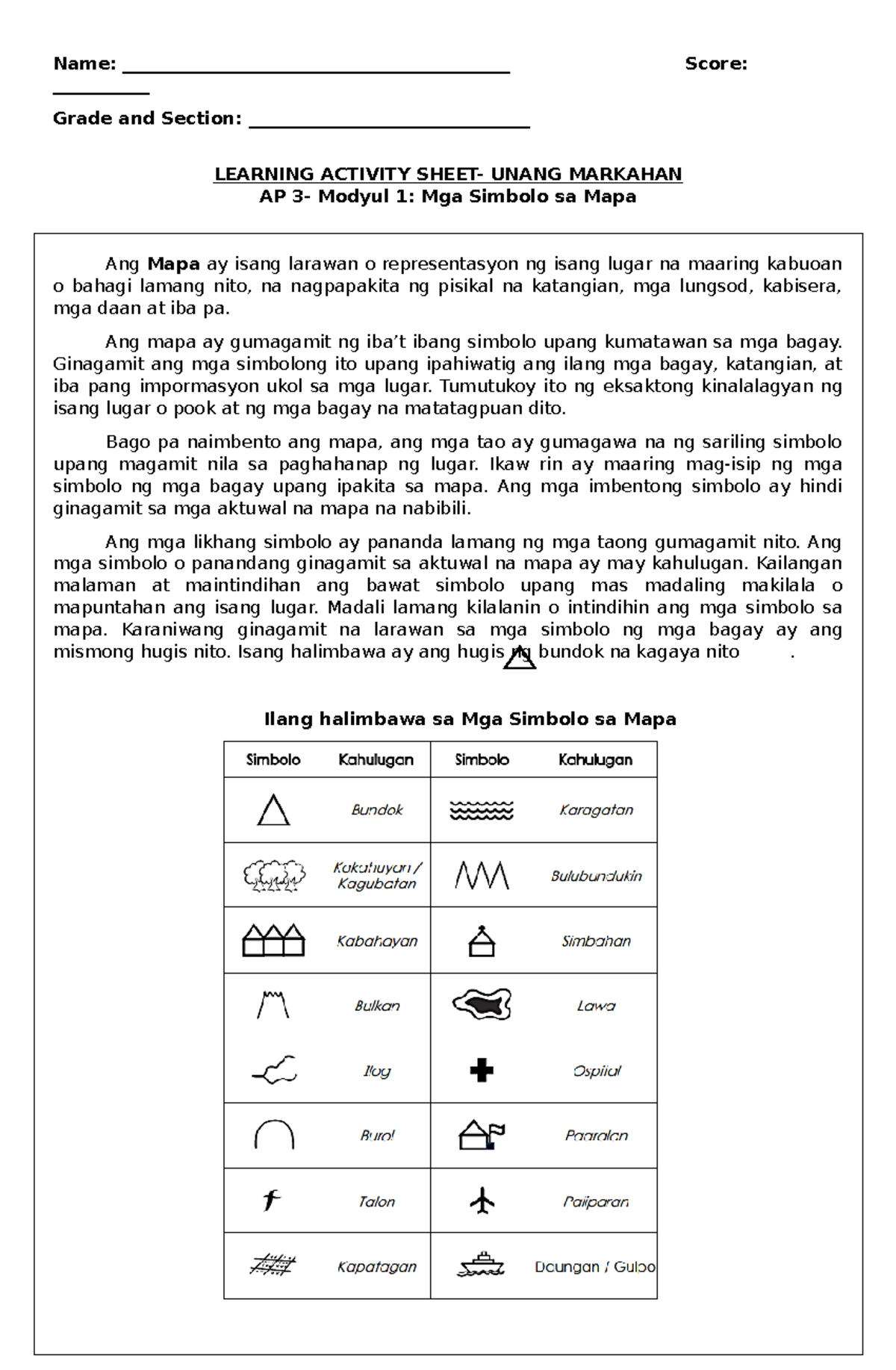 Learning Activity Sheet - AP 3: Mga Simbolo sa Mapa at Populasyon - Studocu