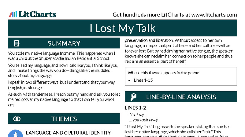 LitCharts Analysis: I Lost My Talk - Language & Identity - Studocu