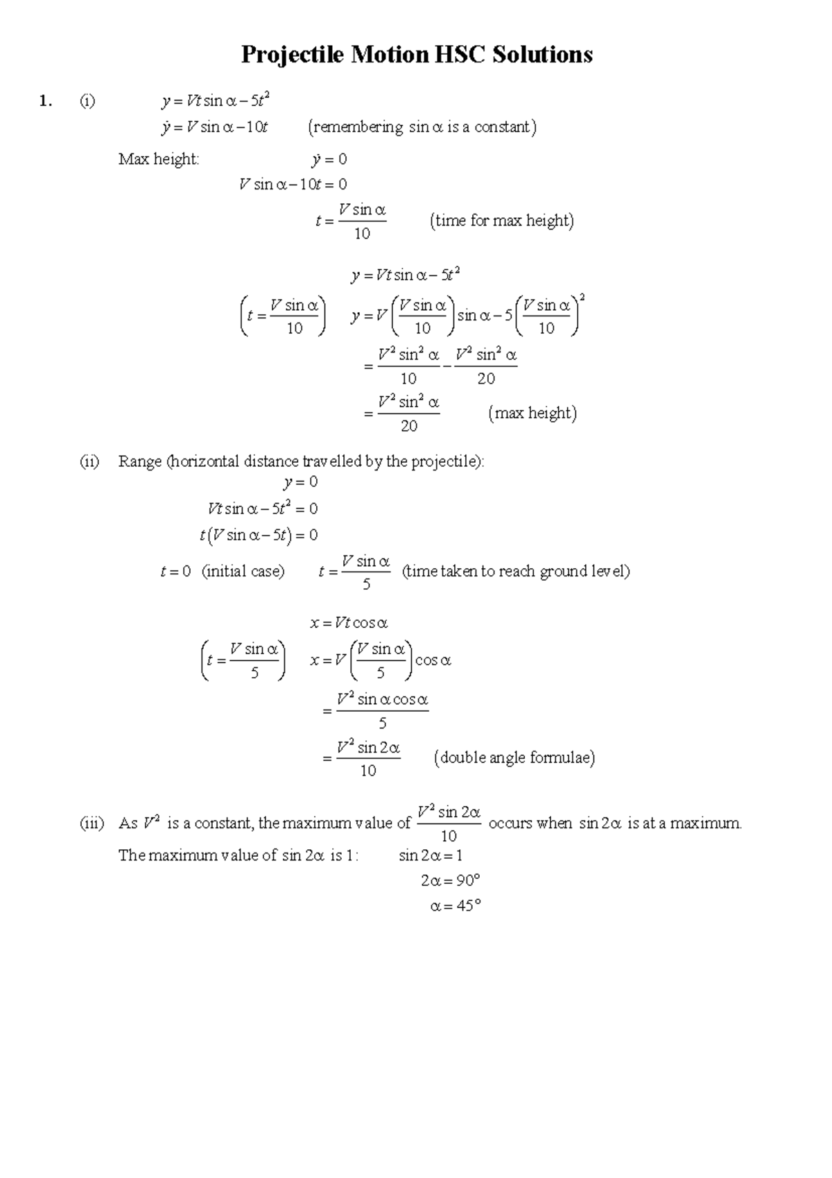 Projectile Motion HSC Solutions: Analysis and Detailed Answers - Studocu