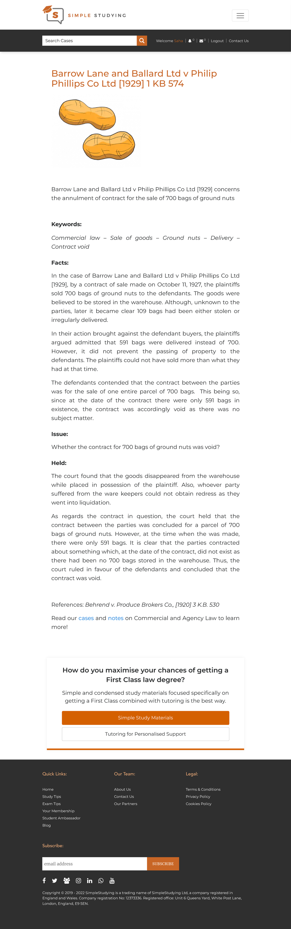 Case Study: Barrow Lane and Ballard Ltd v Philip Phillips Co Ltd [1929 ...