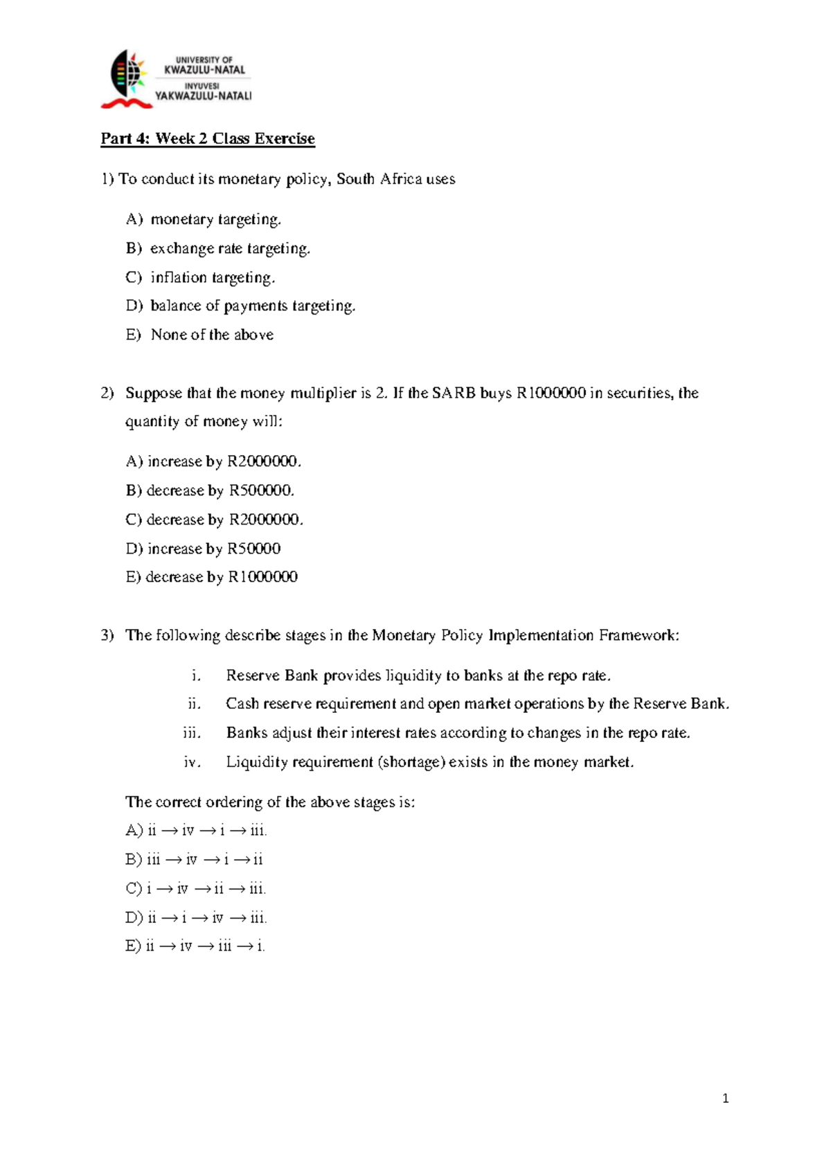 Part 4: Week 2 Monetary Policy Class Exercise - Studocu