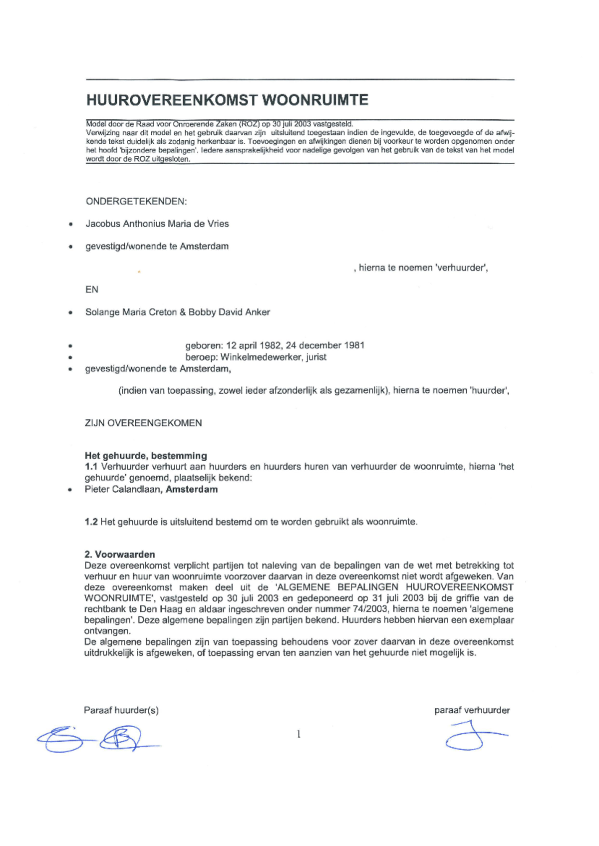 Huurcontract Woonruimte - Model ROZ (30 juli 2003) - Amsterdam ...