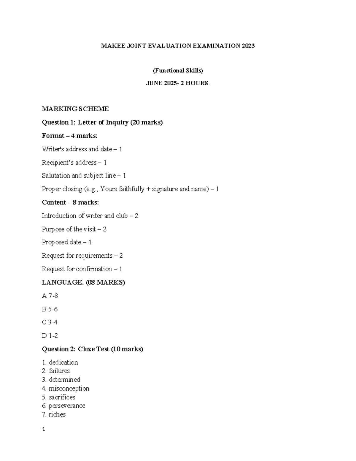 MAKEE JOINT EVALUATION EXAM 2023 (Functional Skills) MARKING SCHEME ...