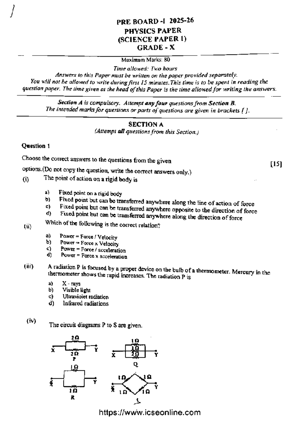 ICSE Class 10 Pre-Board Physics Science Paper 1 (221225) - Studocu