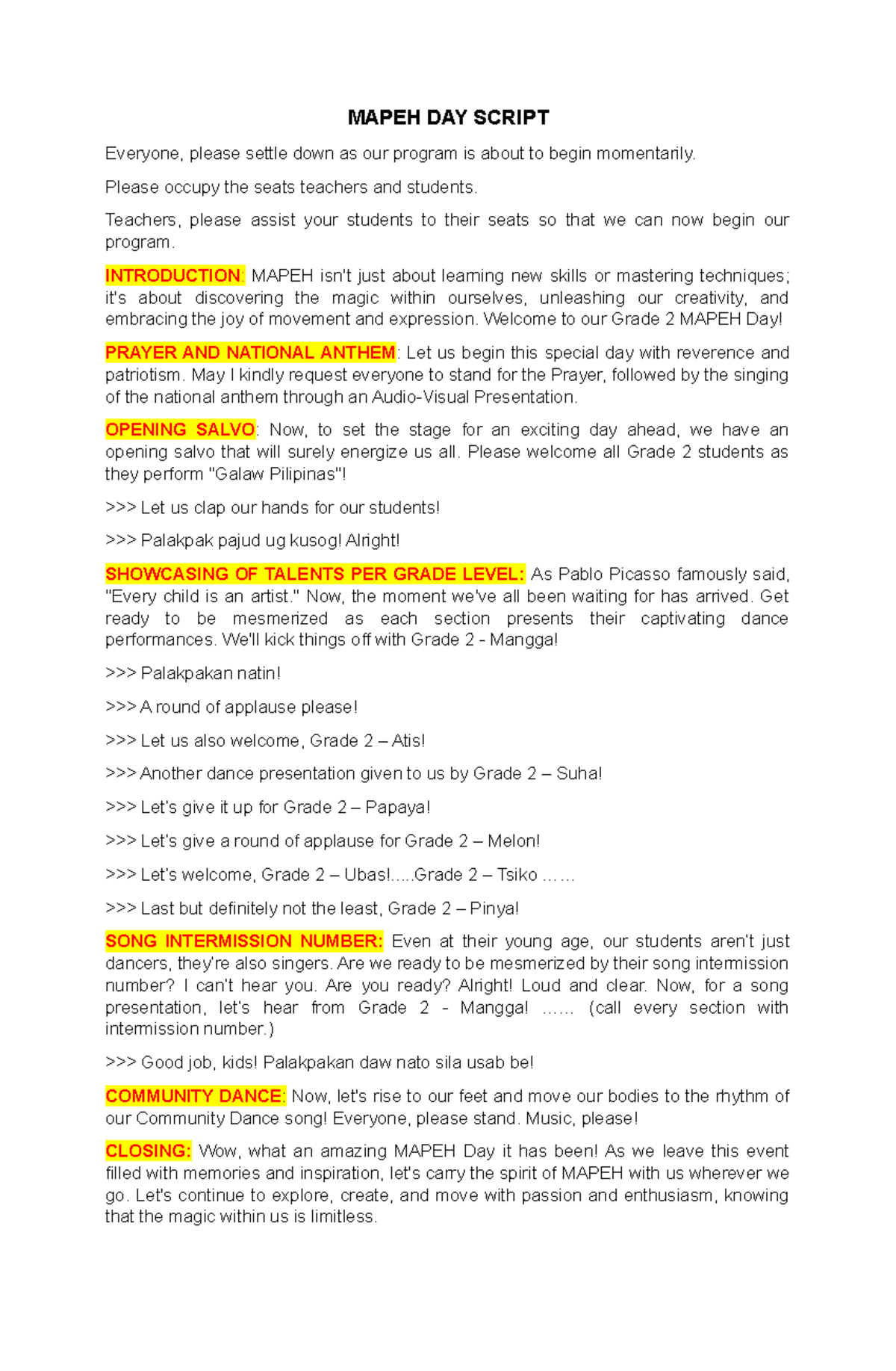 Grade 2 MAPEH Day Script: Celebration of Creativity and Talent - Studocu