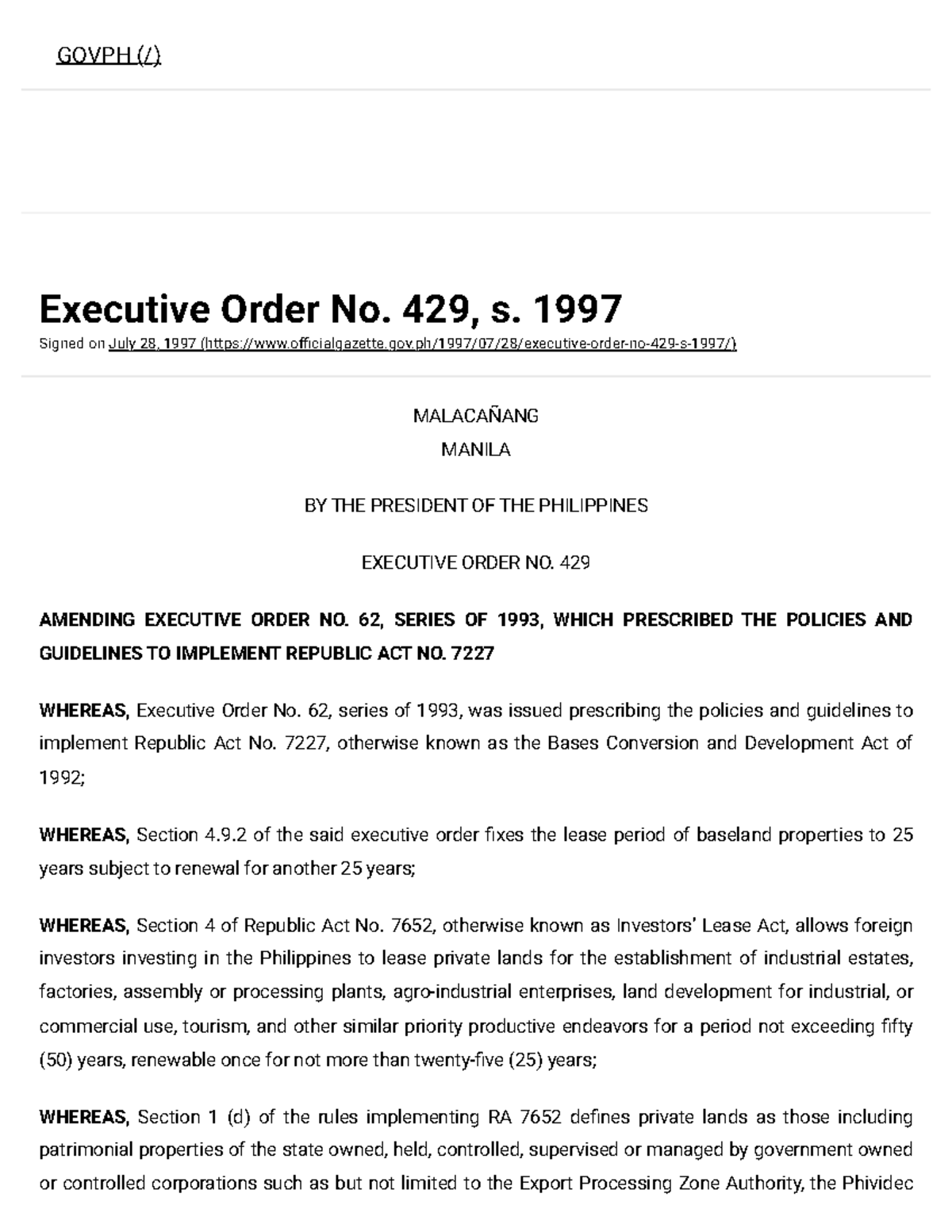 Executive Order No. 429, s. 1997 - Official Gazette PH - Studocu