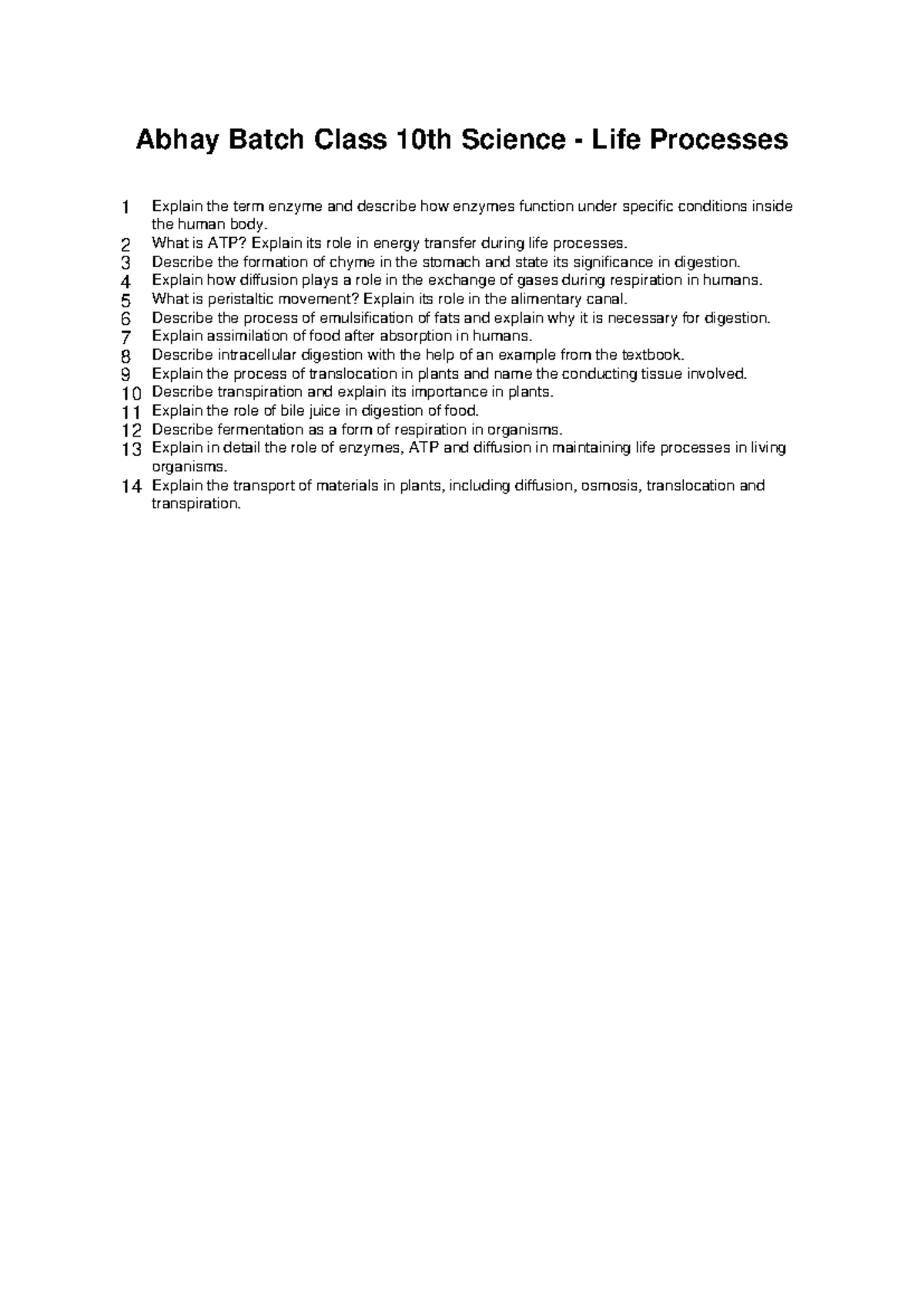 Abhay Batch Class 10 Science Life Processes: Enzymes, ATP & Digestion ...
