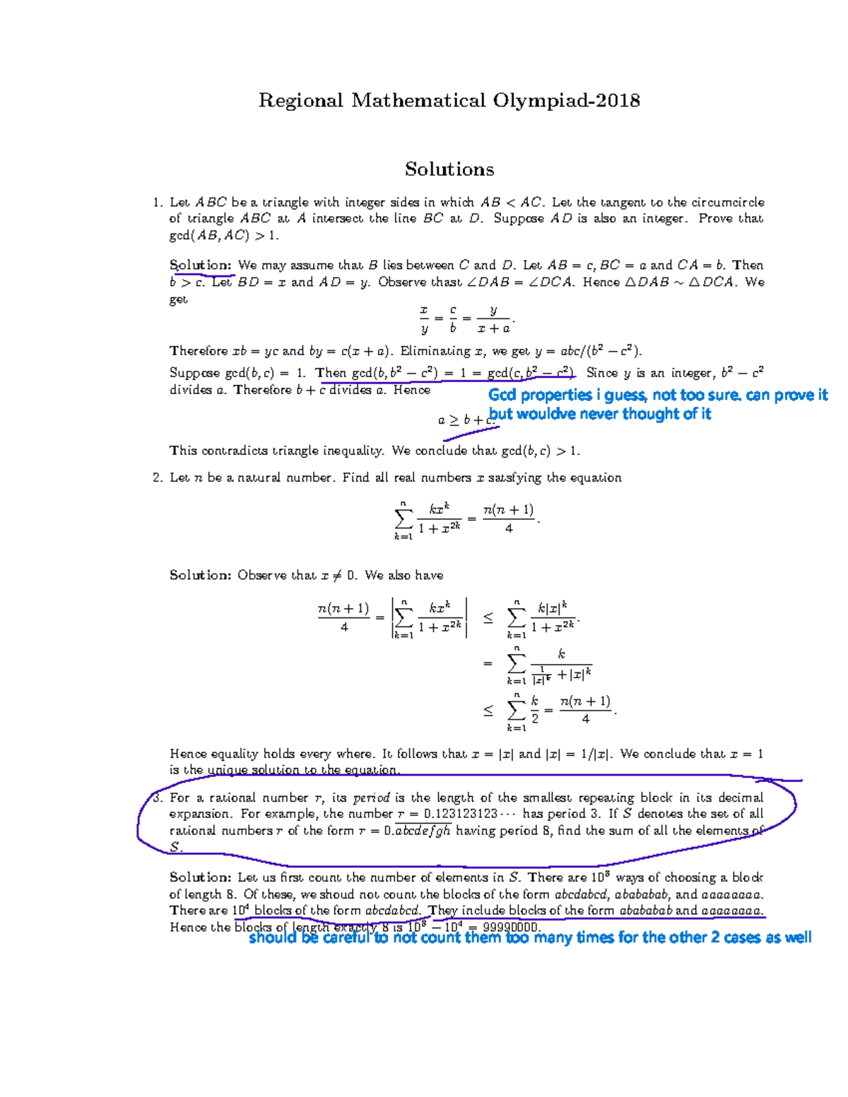 RMO 2018 - Regional Mathematical Solutions and Proofs - Studocu