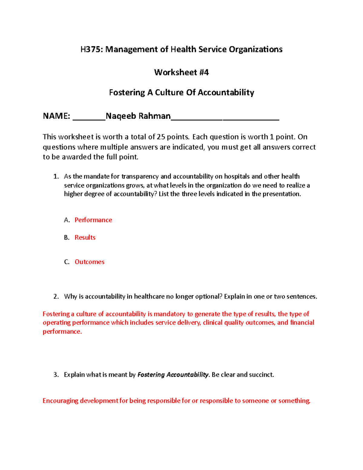 H375: Worksheet #4 - Fostering a Culture of Accountability in Health ...